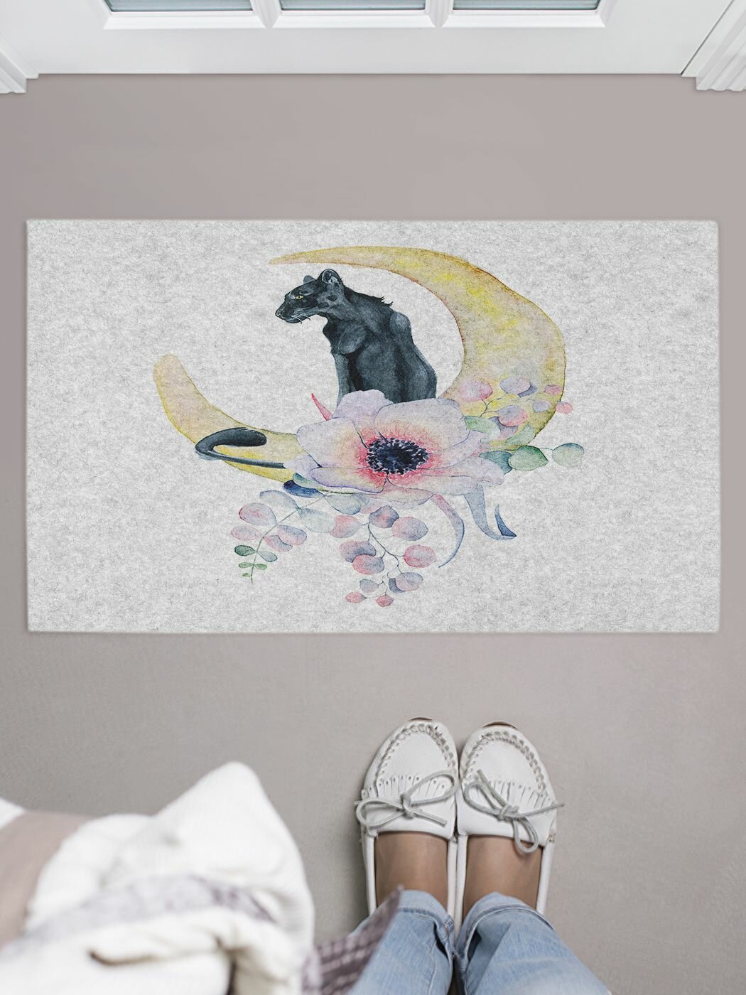 Коврик придверный в прихожую с принтом "Акварельная пантера на месяце" 45 на 75 см , JoyArty