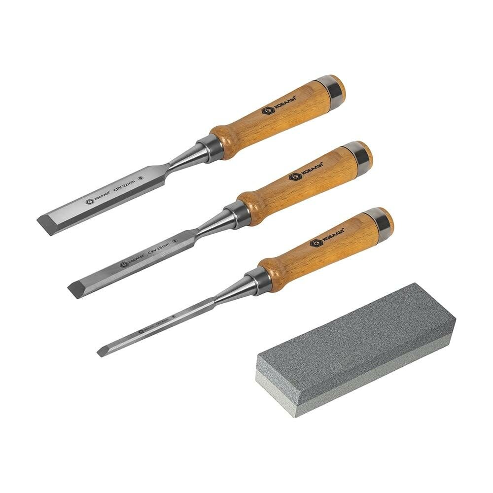 Набор плоских стамесок: 8, 16, 22мм, длина 140мм, CR-V, деревянные рукоятки, точильный камень, 3шт, кейс кобальт 245-886