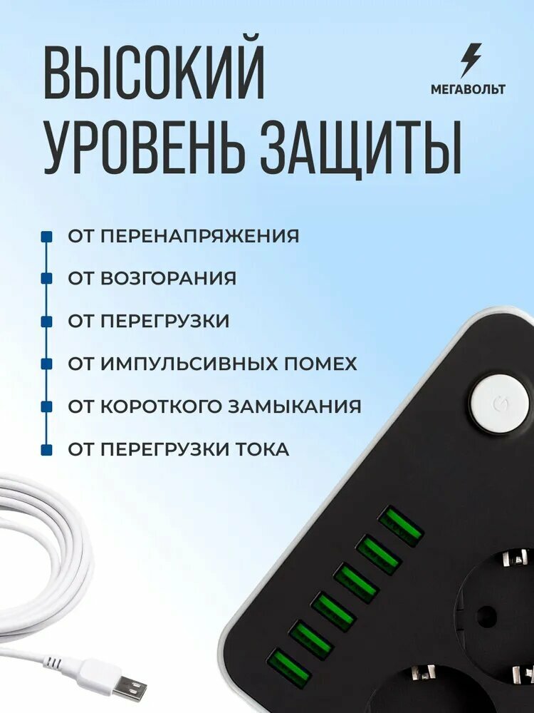 Удлинитель сетевой фильтр 3м, бытовой удлинитель с Type-C и USB, сетевой фильтр с предохранителем — фото 1