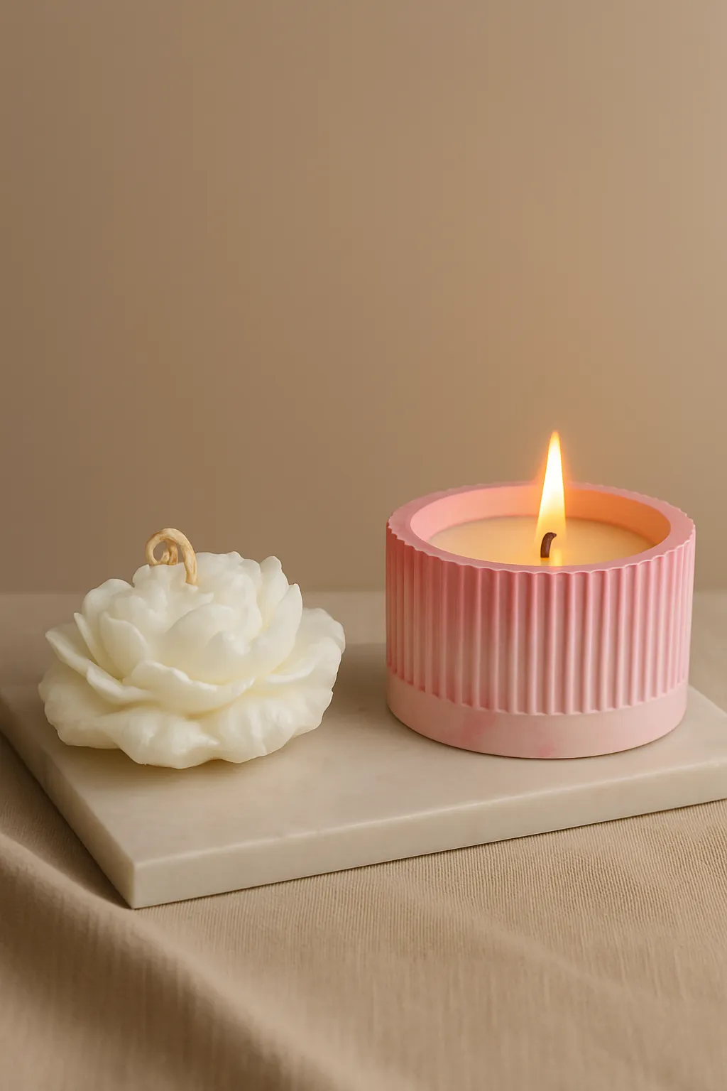 Подарочный набор "Пудра и Шелк", ароматическая свечи в гипсе и в форме цветка,