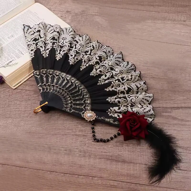 Складной веер в стиле ретро с розой, готический двор, кружевной веер в стиле Лолиты, ручной веер для классического танца, украшение для свадебной вечеринки, реквизит для фотосъемки