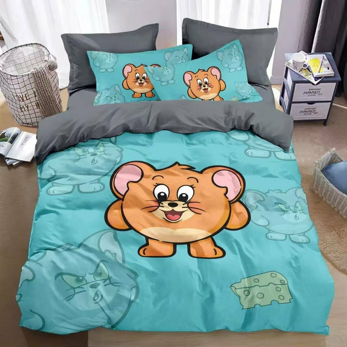 Комплект постельного белья MINISO, "Том и Джерри", 220*240см, на молнии，2m, кровать, зелёный