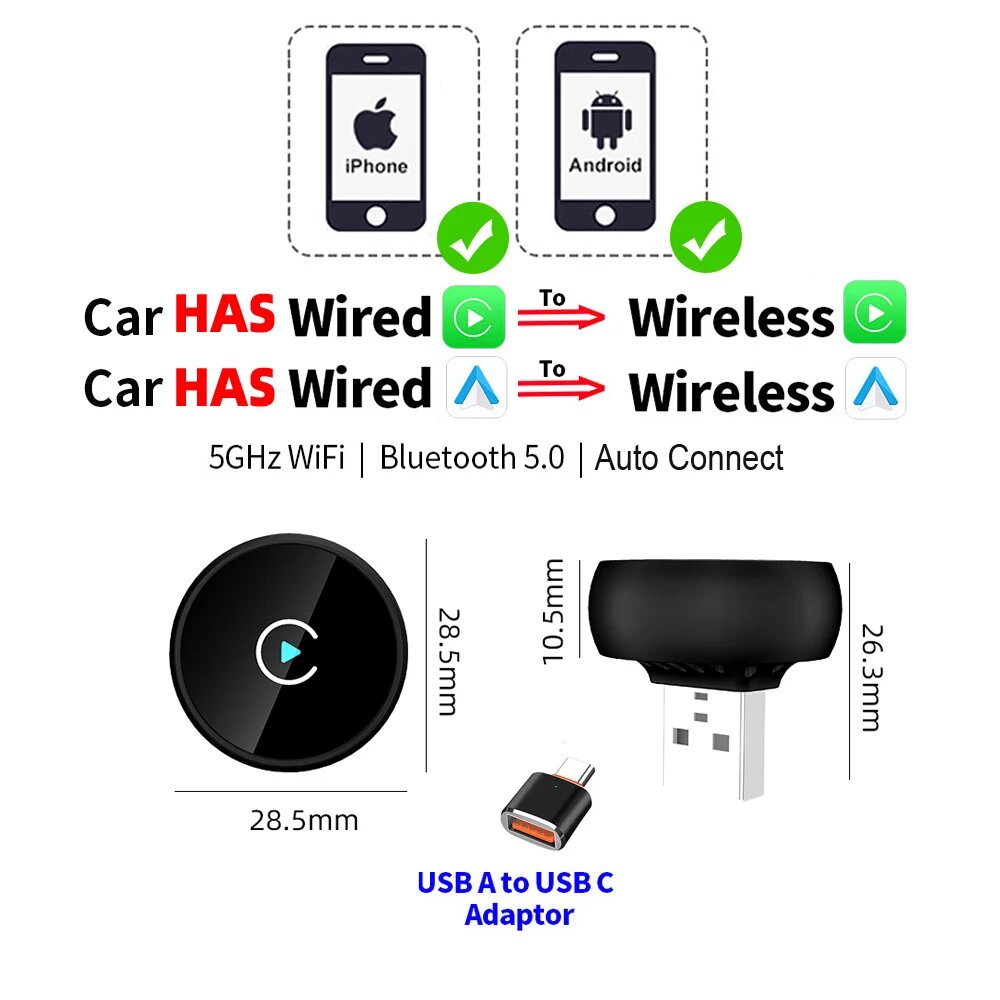 Беспроводной адаптер CarPlay/Android Auto, Bluetooth 5.0, WiFi, EC01-XQ