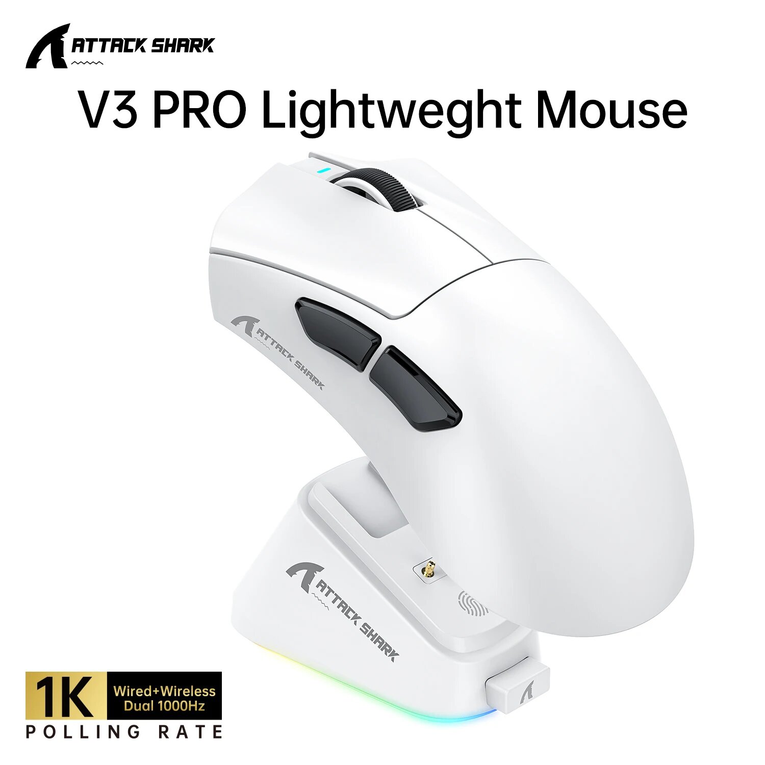 Игровая Мышь Attack Shark V3PRO: Ультралегкая, С Док-станцией, Беспроводной Зарядкой V3PRO White