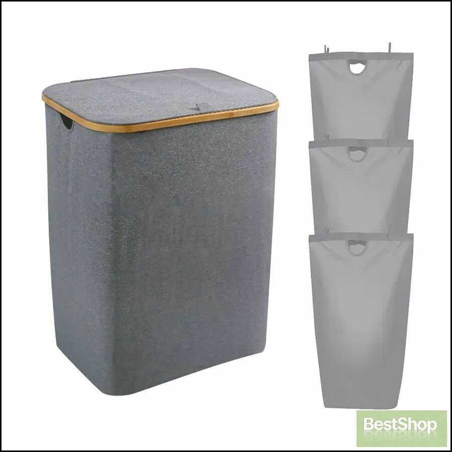 Корзина для белья с крышкой и деревянной ручкой, серая, узкая форма