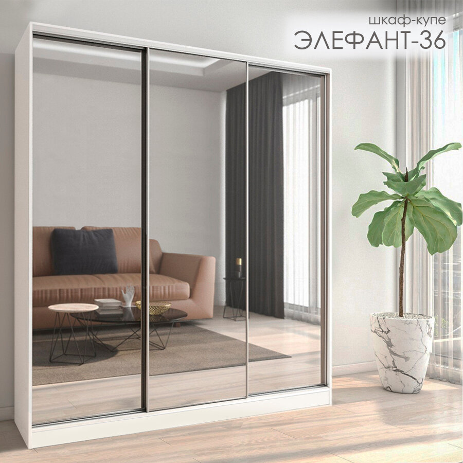 Шкаф-купе Элефант-36, 200*240*60, белый гладкий, с зеркалом, с ящиками