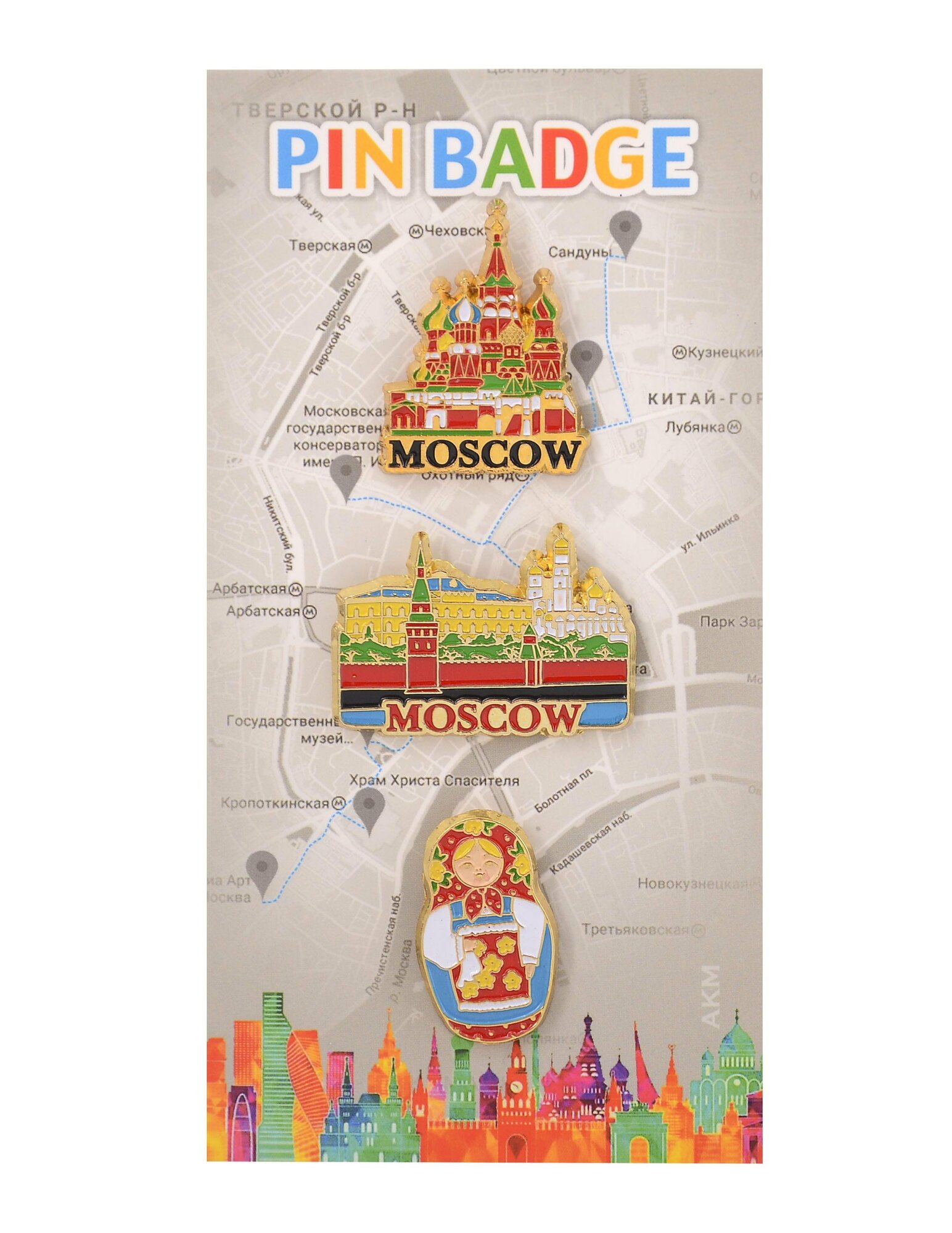 Набор значков эмаль Набережная, Храм Василия Блаженного, Матрешка (3шт) (Москва) (56-3-19-2)