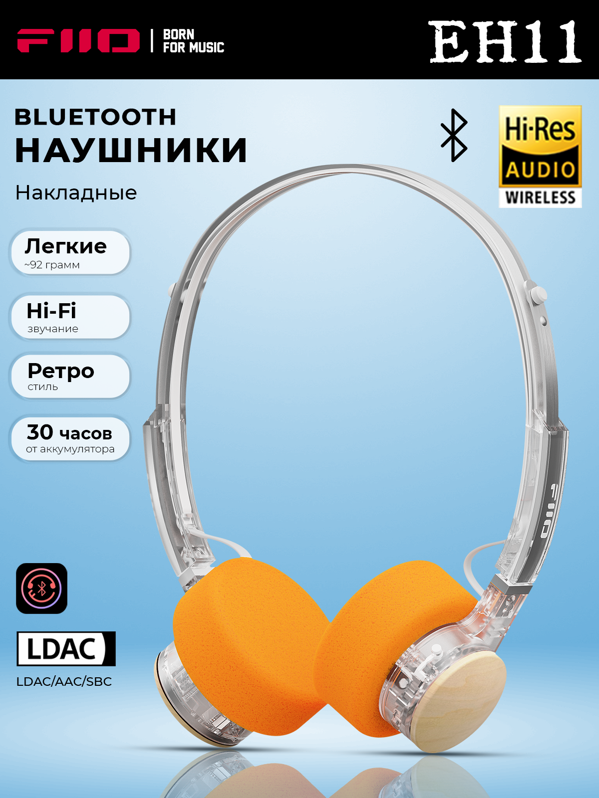 Наушники FIIO EH11 (F4431E) Transparent, Bluetooth, накладные