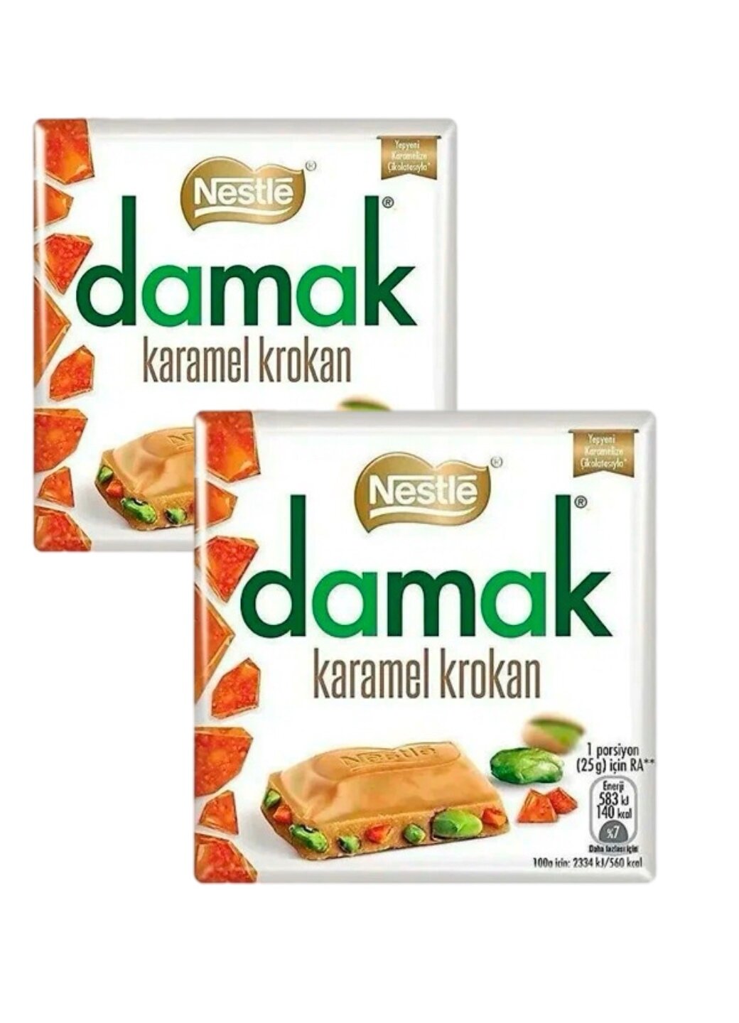 Шоколадная плитка Nestle Damak karamel krokan, с фисташкой и карамельной крошкой, 60 гр х 2 шт (Турция)