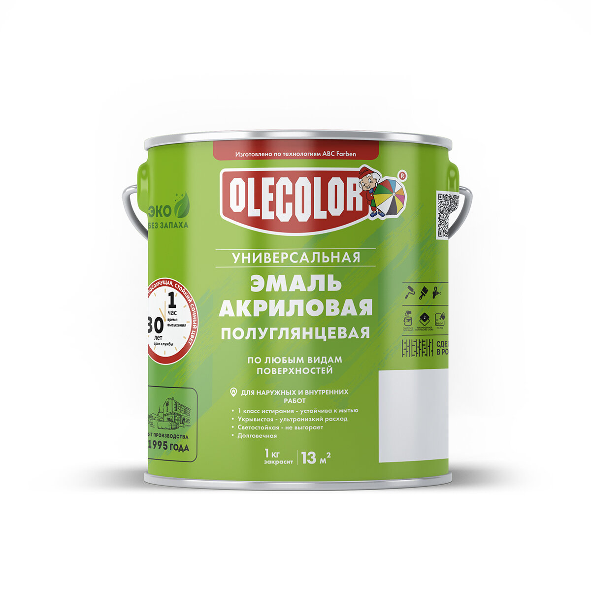 Эмаль акриловая OLECOLOR Полуглянцевая белая, 3 кг, универсальная, для внутренних и наружных работ 4300017087