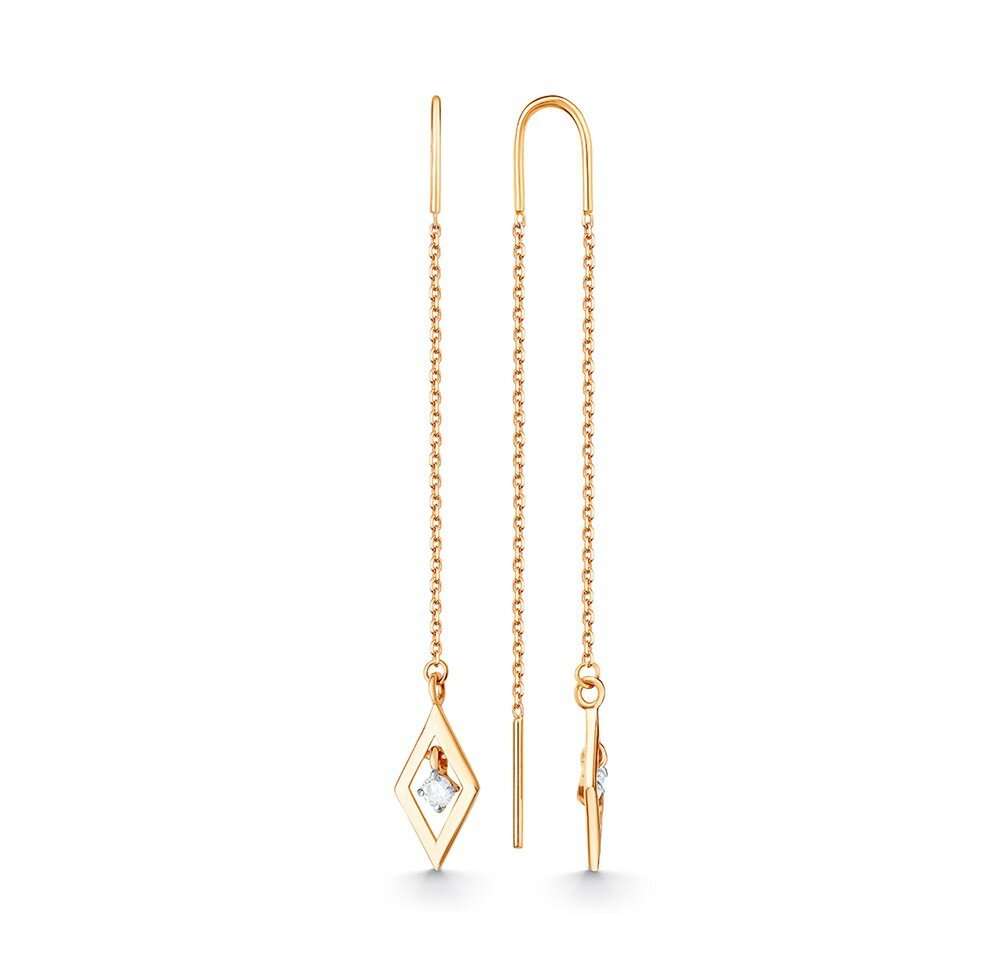 Серьги цепочки, красное золото, 585 проба, родирование, фианит