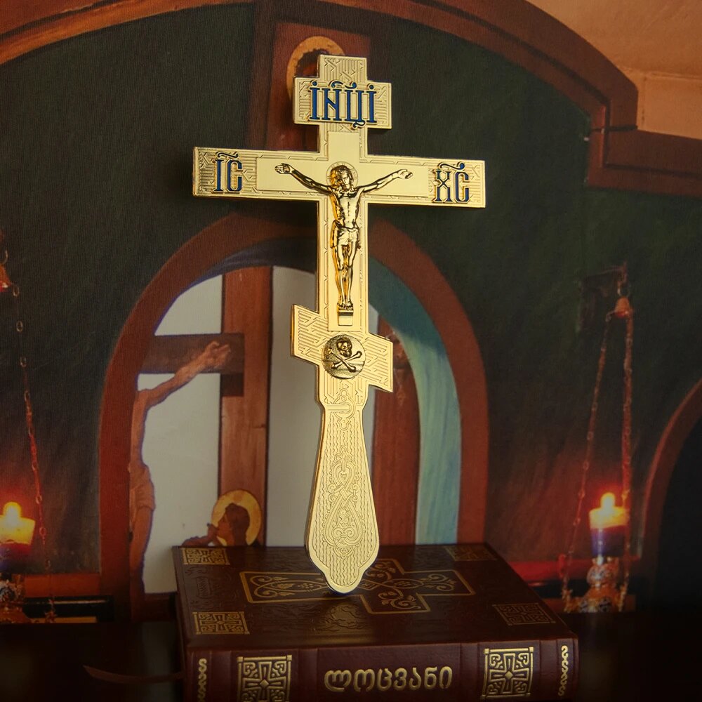 Металлический православный крест 13,6 дюйма Blue without base