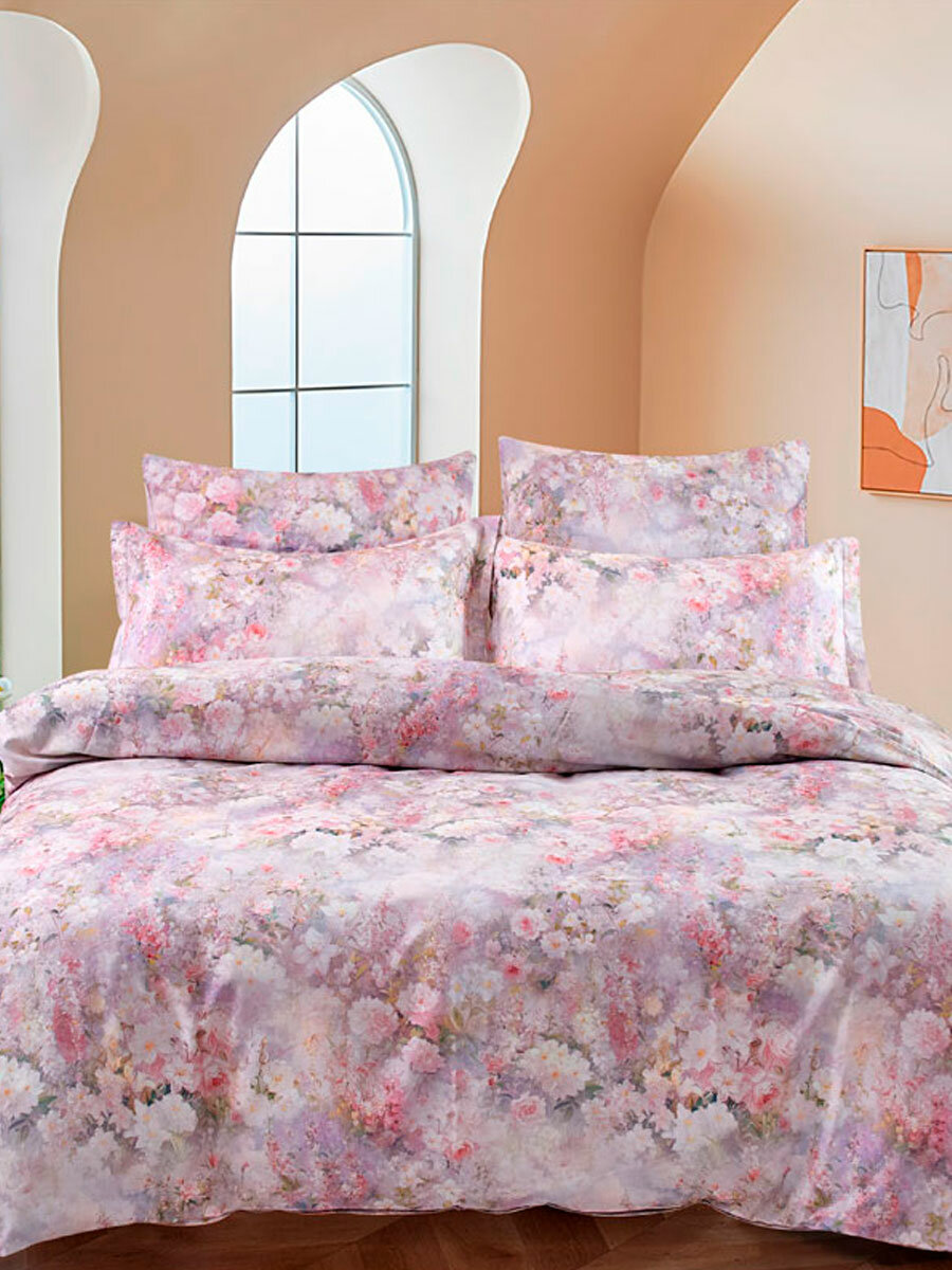 Комплект постельного белья Pappel Amapola, сатин, розовый, семейный, гипоаллергенный, 7 предметов