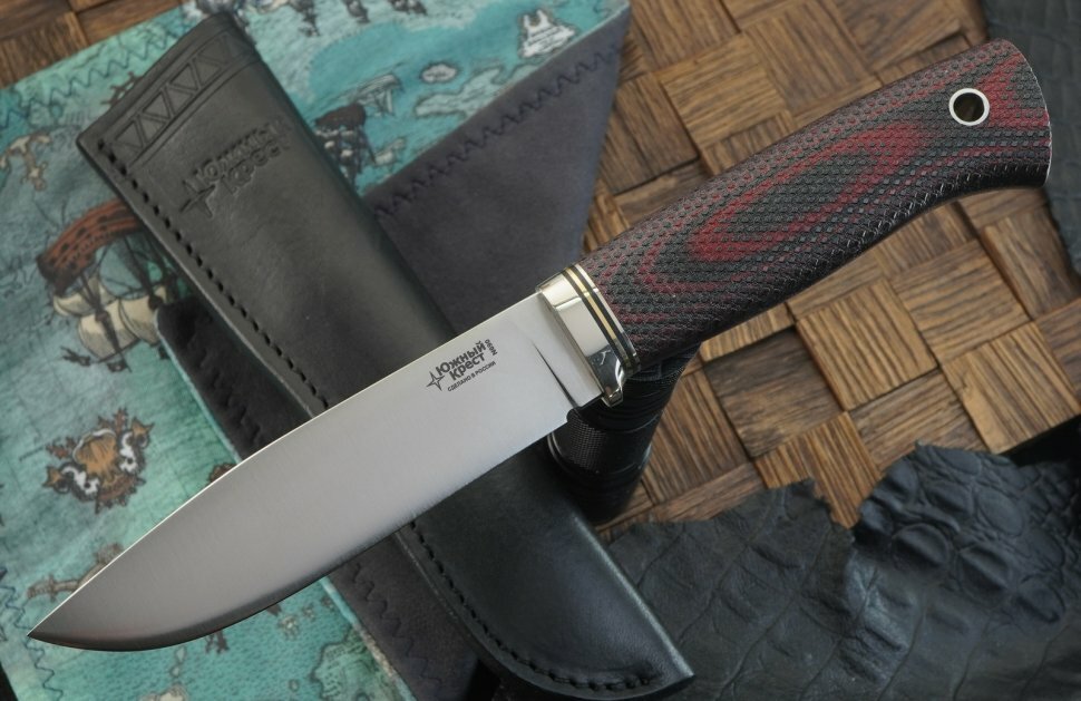 Нож Южный Крест Юкон Эксперт, сталь N690, конвекс, рукоять красно-черная микарта, насечка, гарда мельхиор