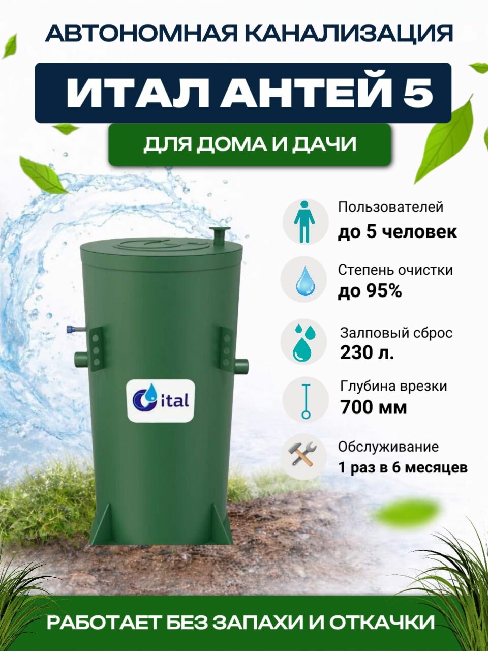 Септик Итал антей 5 стандарт для дачи и дома автономная канализация, очистка 98%, залповый сброс 230 л