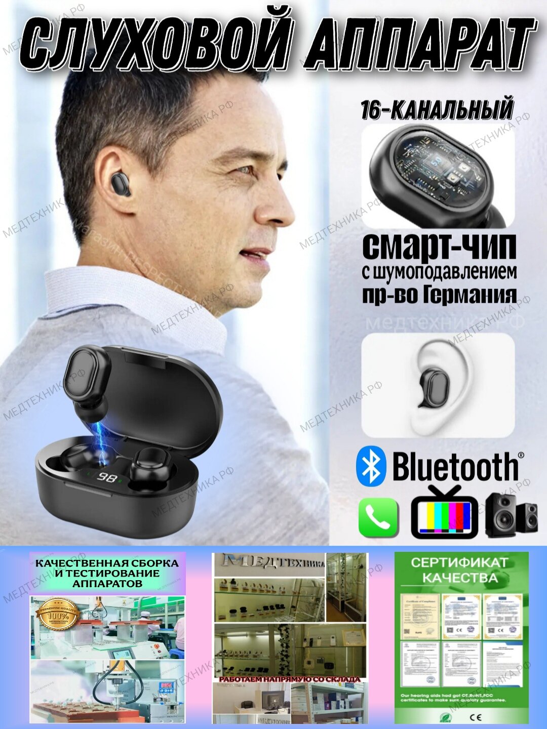 Слуховой аппарат с зарядкой внутриушной с блютуз 16-канальный