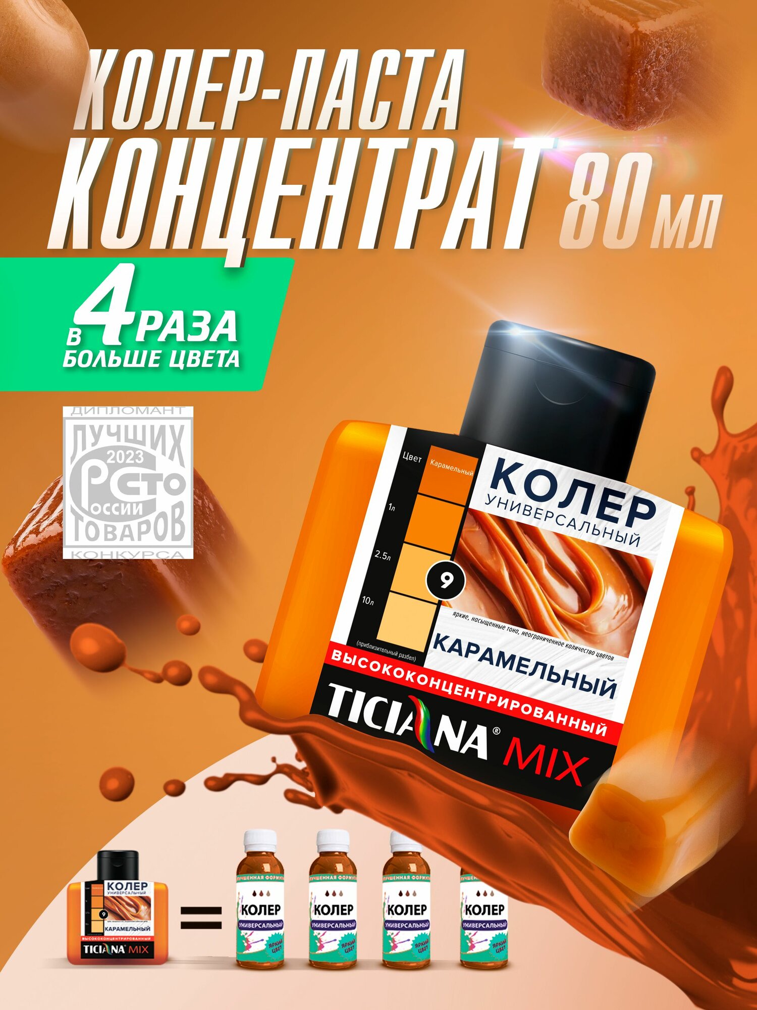 Колер-концентрат для краски универсальный TICIANA MIX, колер-паста насыщенная, Цвет: экстра Карамельный, 80 мл