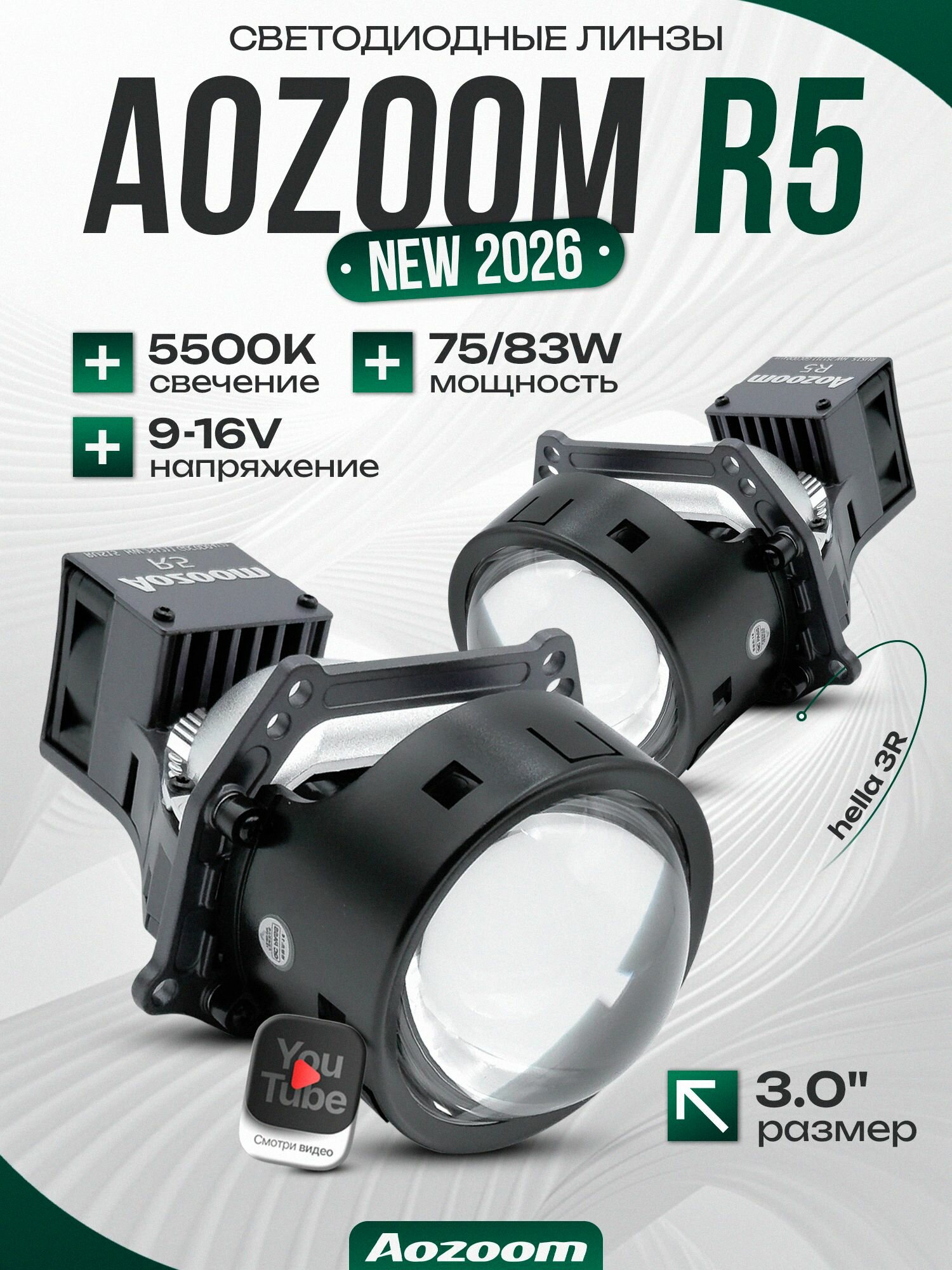 Bi-LED линзы Aozoom R5 75w для замены штатных линз на Volga Siber 2008-2010 / Билед модули Аозум r5 на Волга Сайбер
