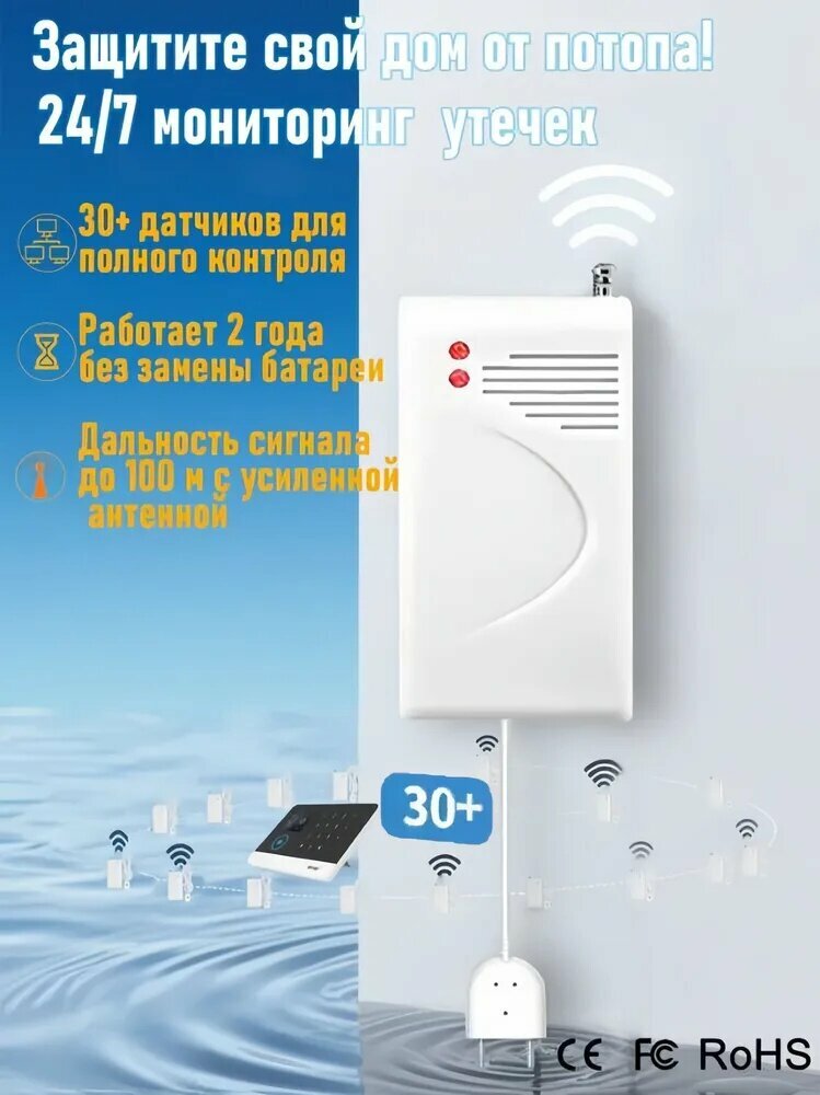 Умный датчик протечки воды с антенной 433 МГц, сигнализатор затопления (высокая чувствительность 0.5 мм)