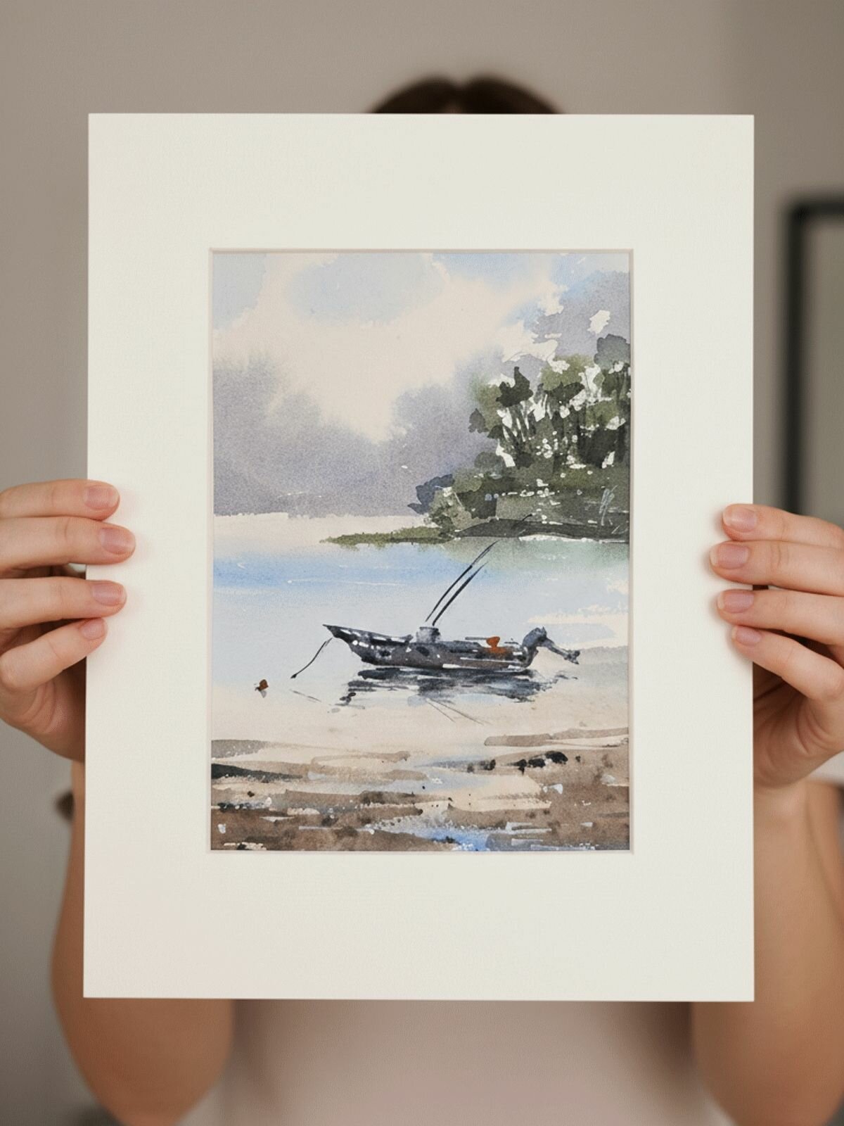 Картина авторская акварельная в паспарту 21х30 см на стену для интерьера "В ожидании."