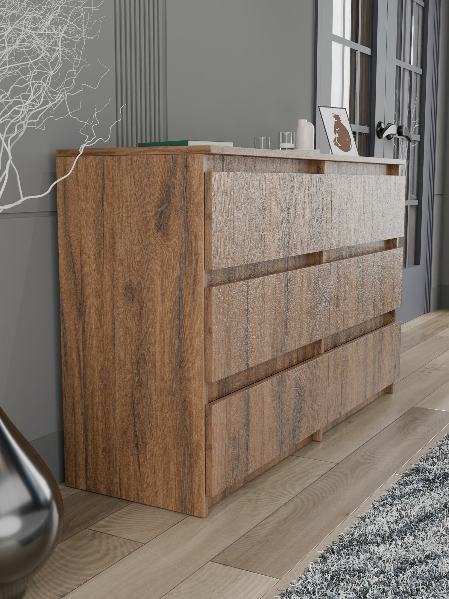 Комод для белья и одежды орлан 6 ящиков, 120х76.4х40 см, дуб крафт табачный