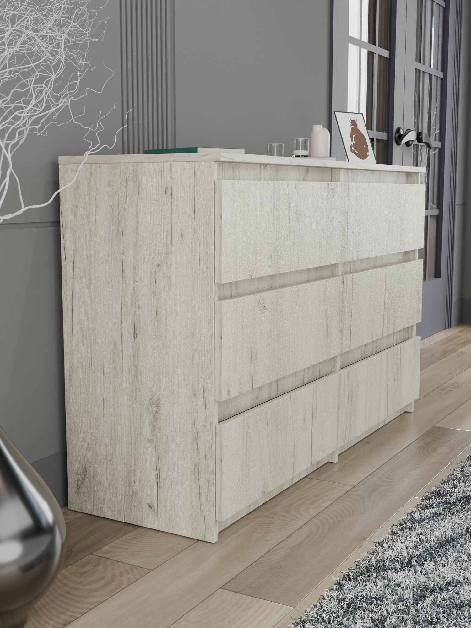 Комод для белья и одежды орлан 6 ящиков, 120х76.4х40 см, дуб крафт белый