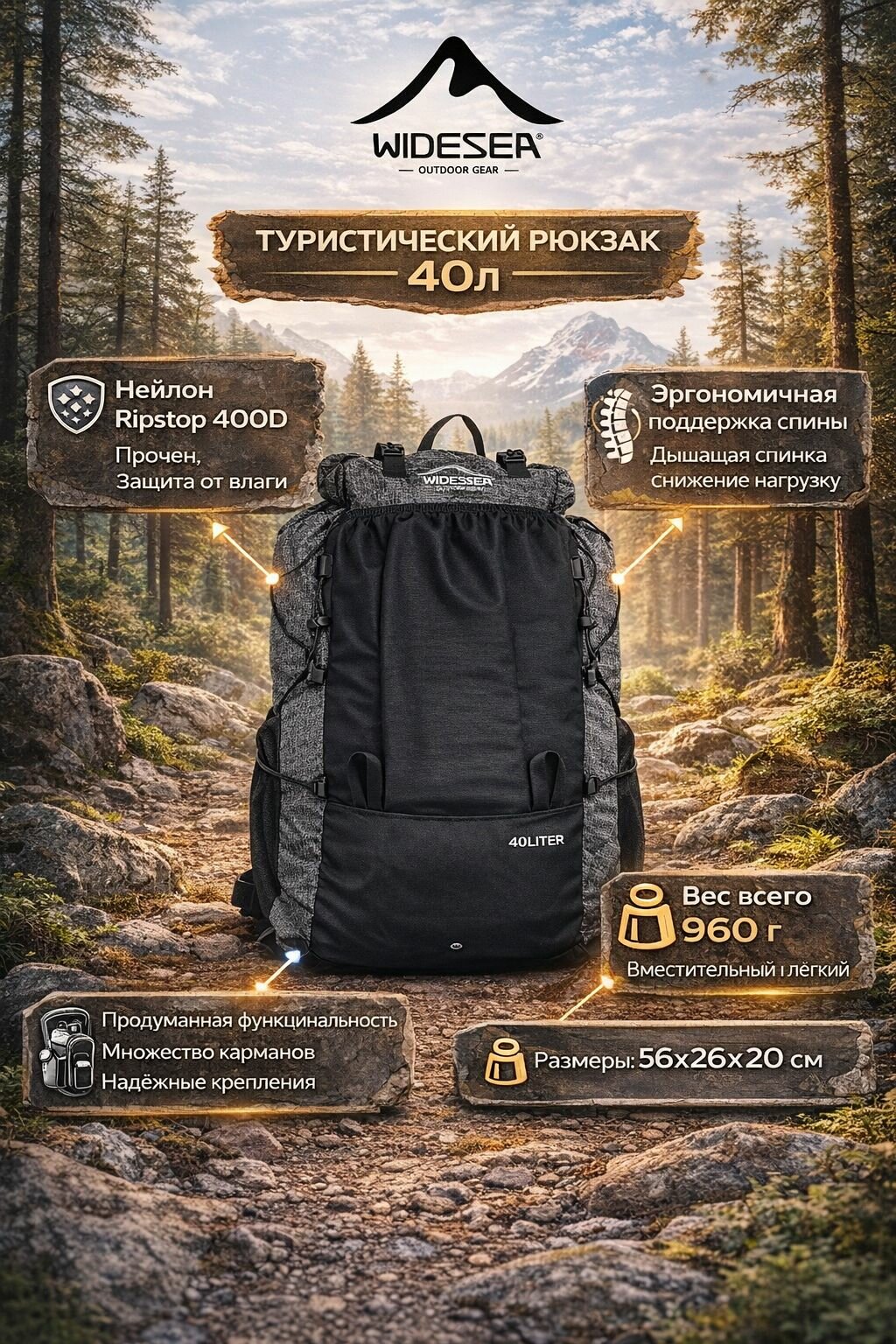 Рюкзак туристический Widesea 40 л, чёрный лёгкий походный рюкзак с вентилируемой спинкой, Ripstop 400D, 1,15 кг