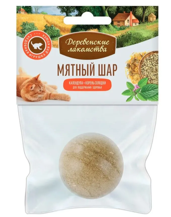 Деревенские лакомства "Мятный Шар", для взрослых кошек, 1 шт с календулой