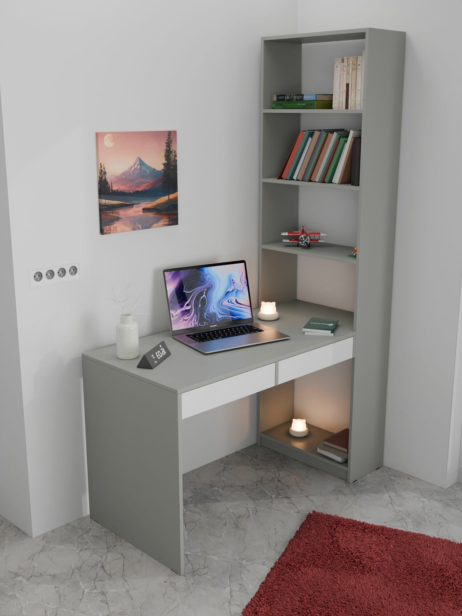 Изумлит Стол-стеллаж письменный угловой, стеллаж справа 200х130х59.2 см, шиншилла серая - белый