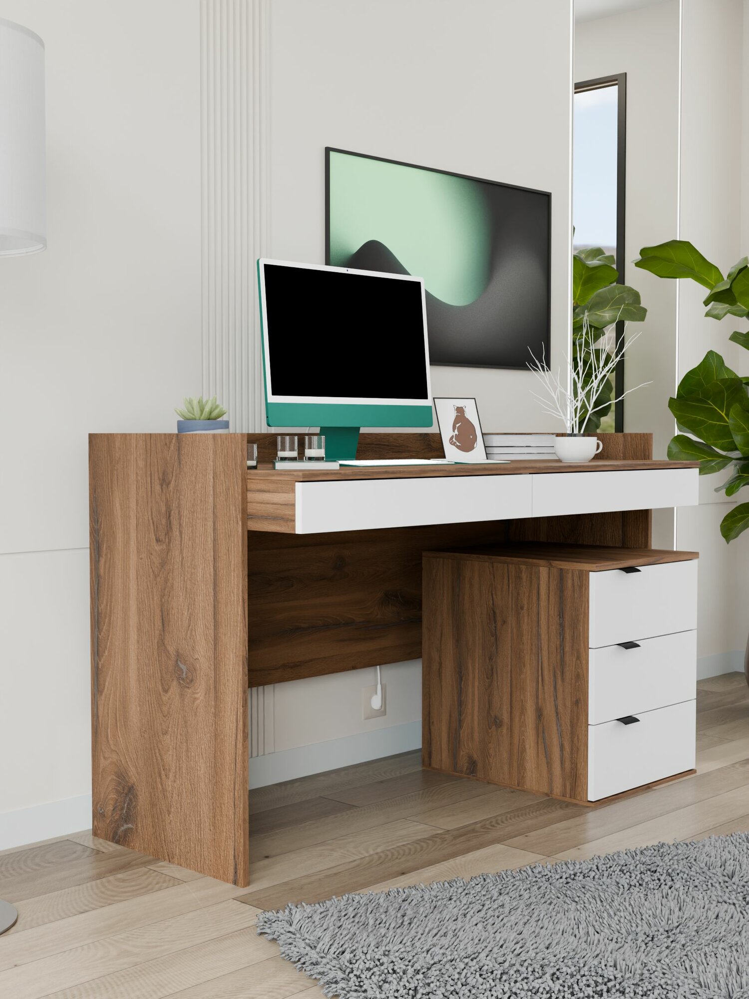 Изумлит Стол компьютерный для офиса и дома Бастион 140х87х64.5 см, корпус+столешница дуб крафт табачный/фасад белый