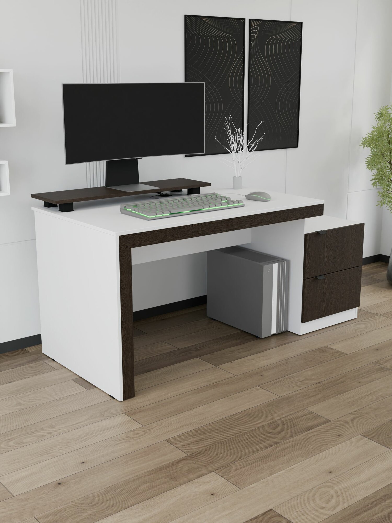 Изумлит Стол компьютерный для офиса и дома Вертикаль Компакт Лайт 165х73х74.5 см, тумба справа, белый-венге