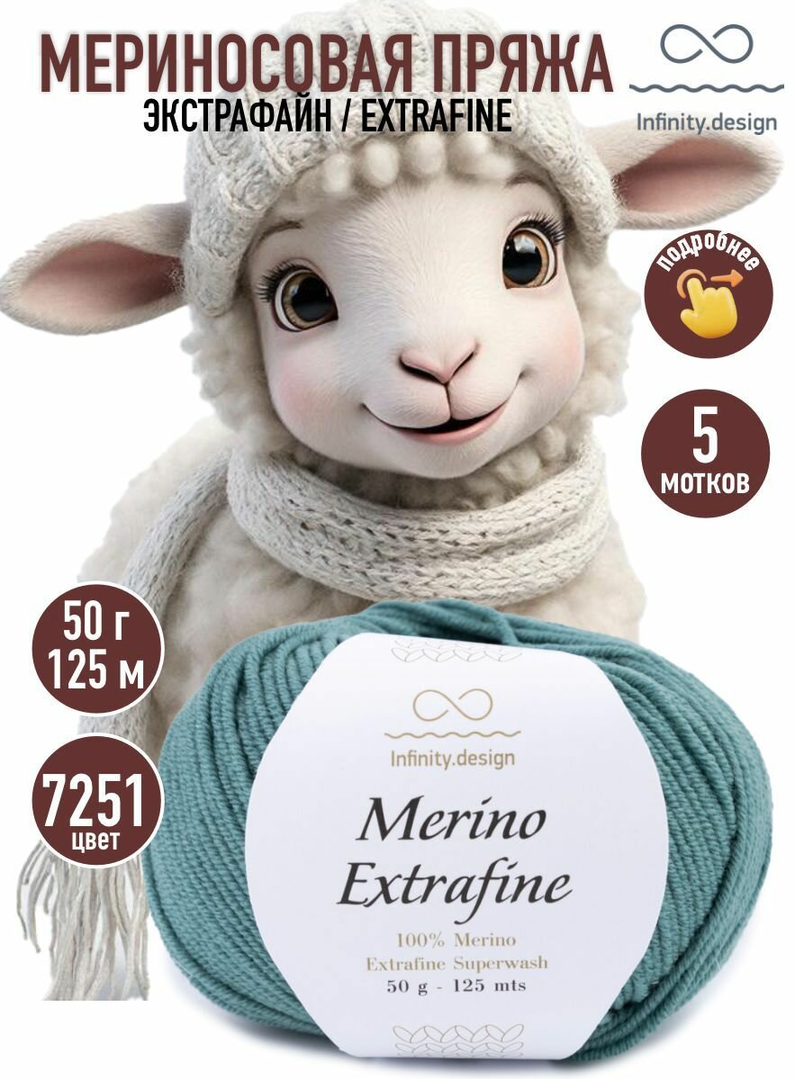 Пряжа для вязания Infinity Design Merino Extrafine (7251 Blue Petrol) 5 мотков по 50 г/125 м