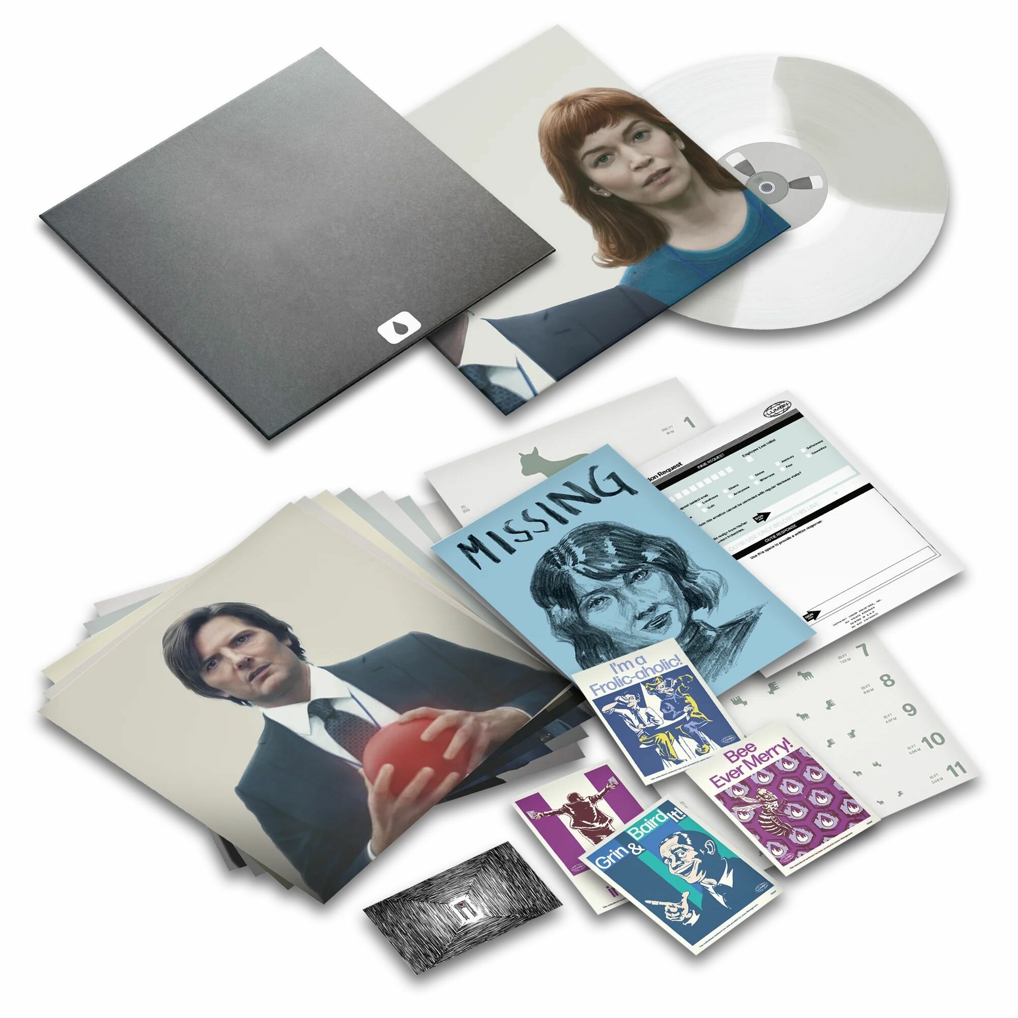 Разделение OST (Grey-Clear Tri-Color Stripe, Deluxe USA Limited Soundtrack) Цвет Закрывающегося Лифта, Ультра-Редкая Виниловая Пластинка, Саундтрек-Сериал Severance + Конверт Lumon, Портреты итд.