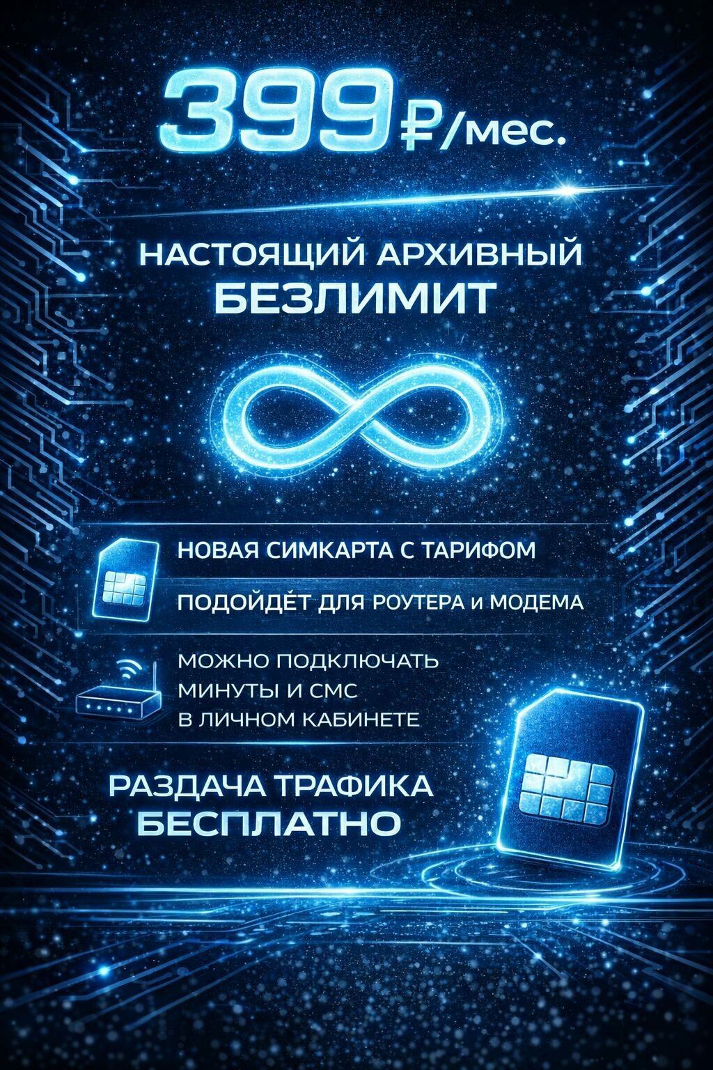 Симкарта с интернетом 399 руб./мес. Безлимит для всех устройств
