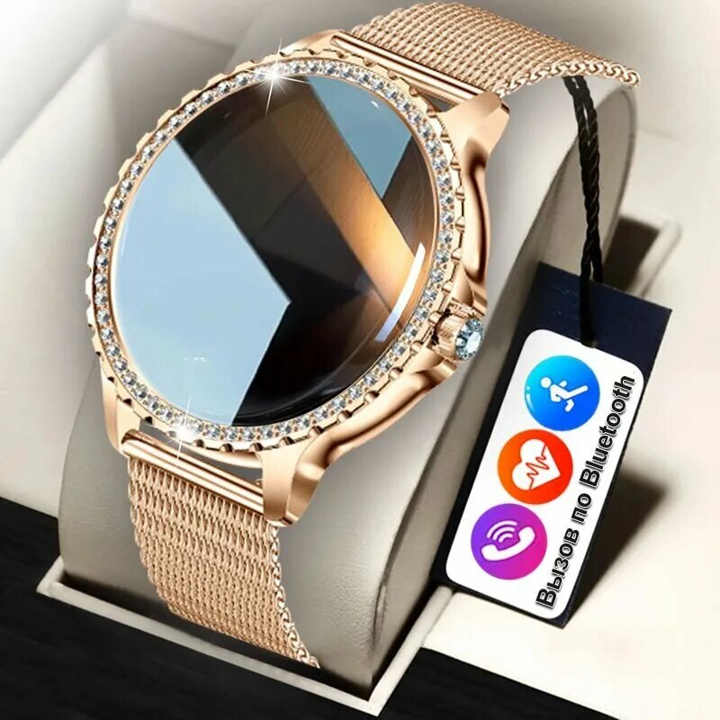 SACOSDING Смарт-часы Женские умные часы с бриллиантами smart watch Premium 2026 для IOS Android водонепроницаемые, Золотая сетка+1 ремешок