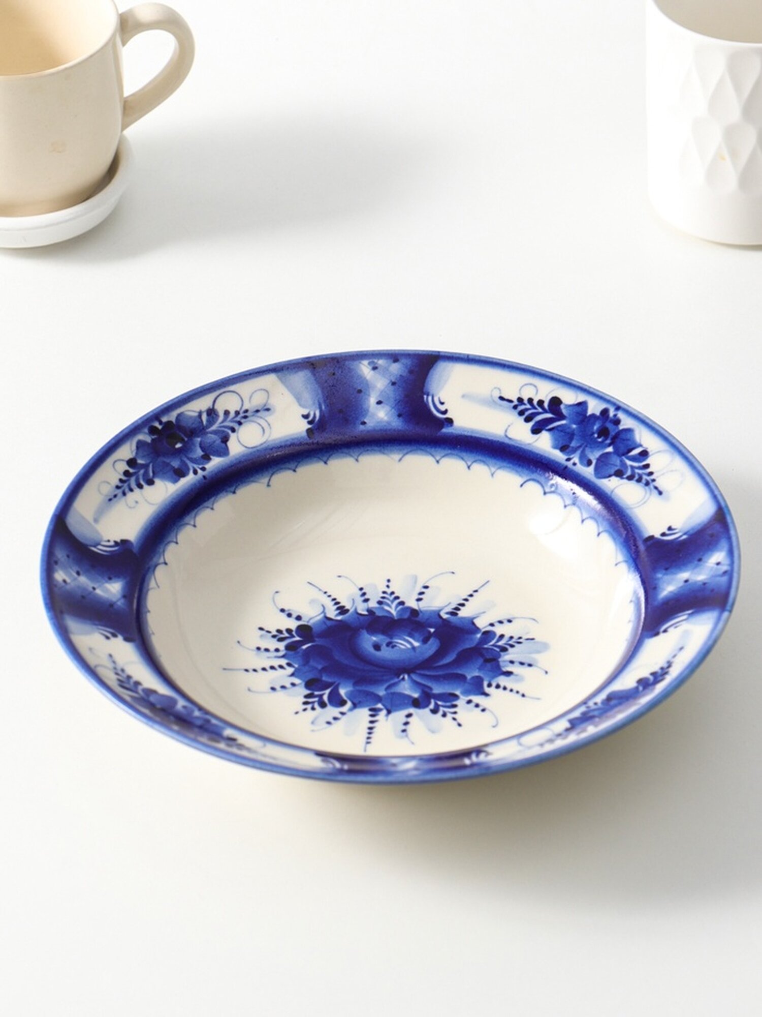 Тарелка Сима-Ленд, фарфор, гжель, глубокая, 24 см, белая/синяя