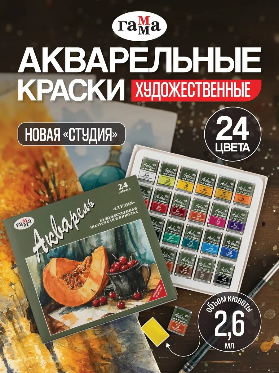 Краски акварельные для рисования Гамма Студия, художественная, 24 цвета