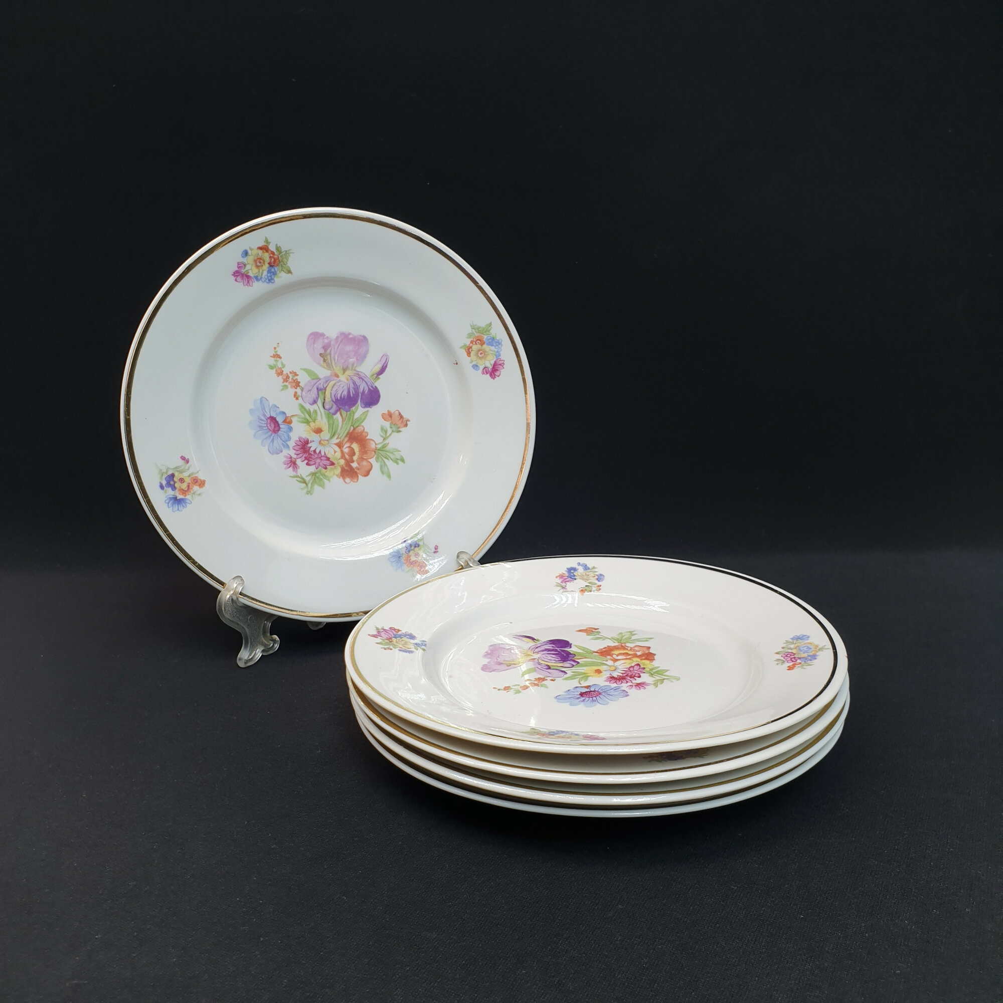 Винтажный набор из 5 десертных тарелок Пролетарий, фарфор деколь золочение 175 мм, СССР