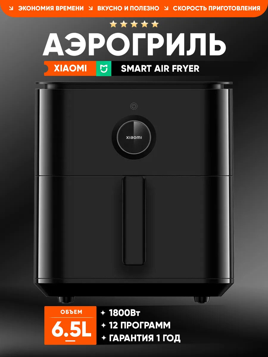 Аэрогриль Xiaomi Smart Air Fryer 6.5 литра, MAF10, русский язык, управляется через приложение Xiaomi Home, цвет черный