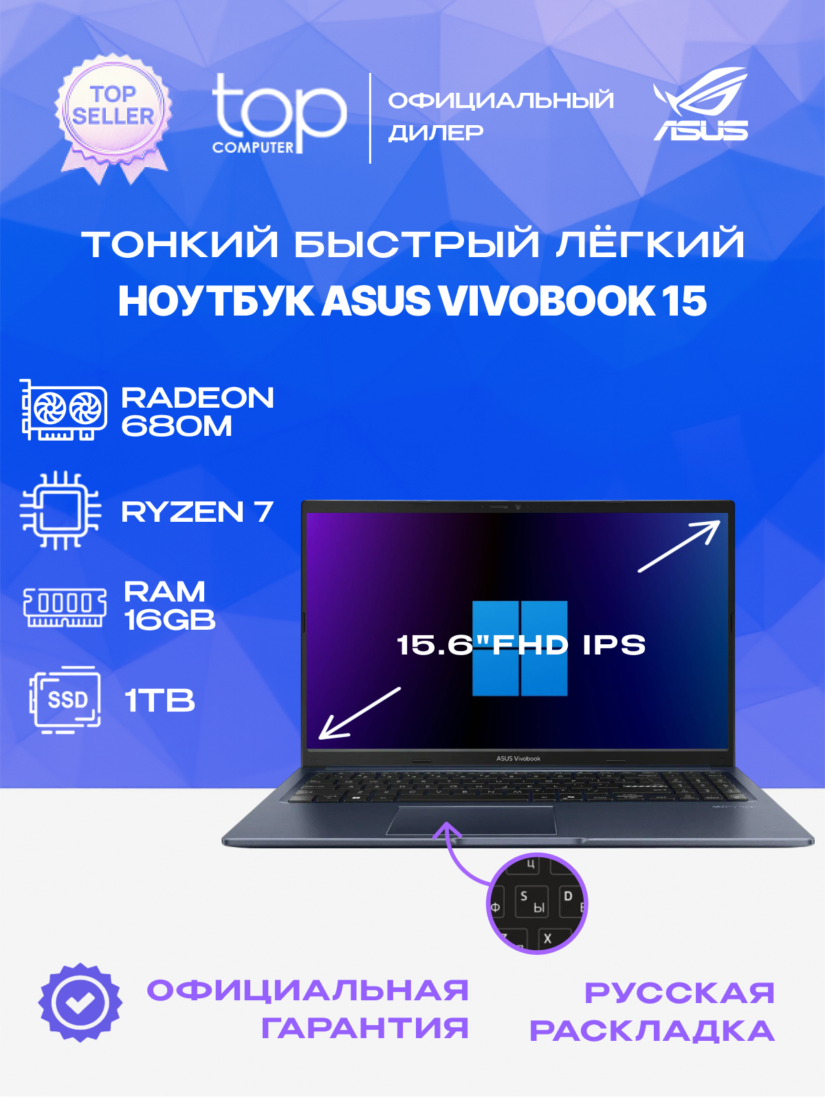 Ноутбук ASUS Vivobook 15 M1502NAQ 15.6"IPS; FHD/Ryzen 7 170/16GB/SSD 1TB/RADEON 680M/noOS/синий