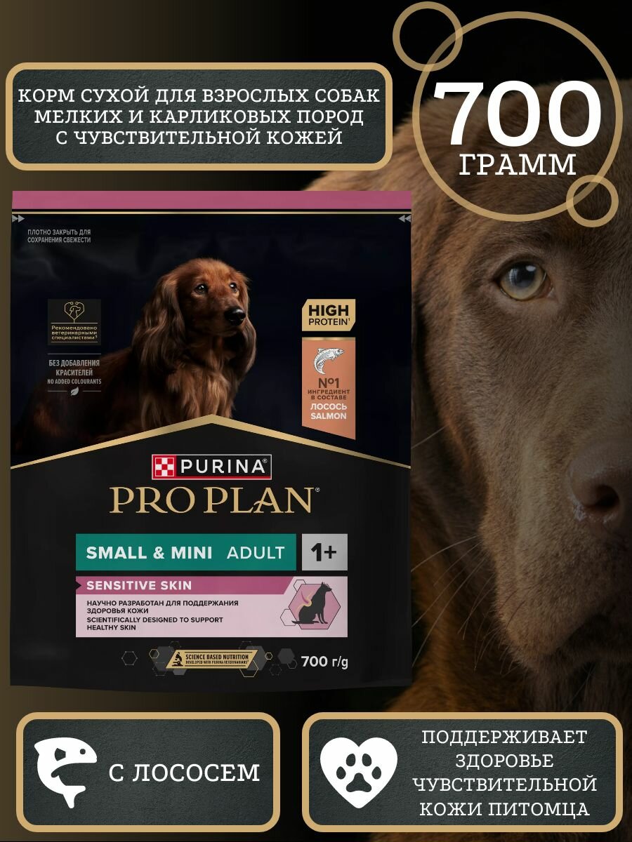 Сухой корм PRO PLAN SENSITIVE SKIN для взрослых собак мелких и карликовых пород с чувствительной кожей с лососем, 700 г