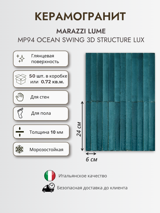 Керамогранит MARAZZI LUME MP94 Ocean Swing 3D Structure LUX, 6x24 см, рифленая, сине-зеленый глянцевый