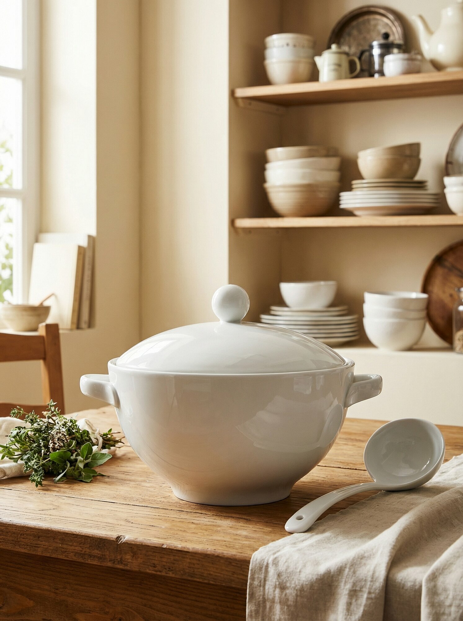 Супница Lubiana Kaszub-Hel фарфоровая 3 л белая с ручками и крышкой — горячий суп на праздничный стол