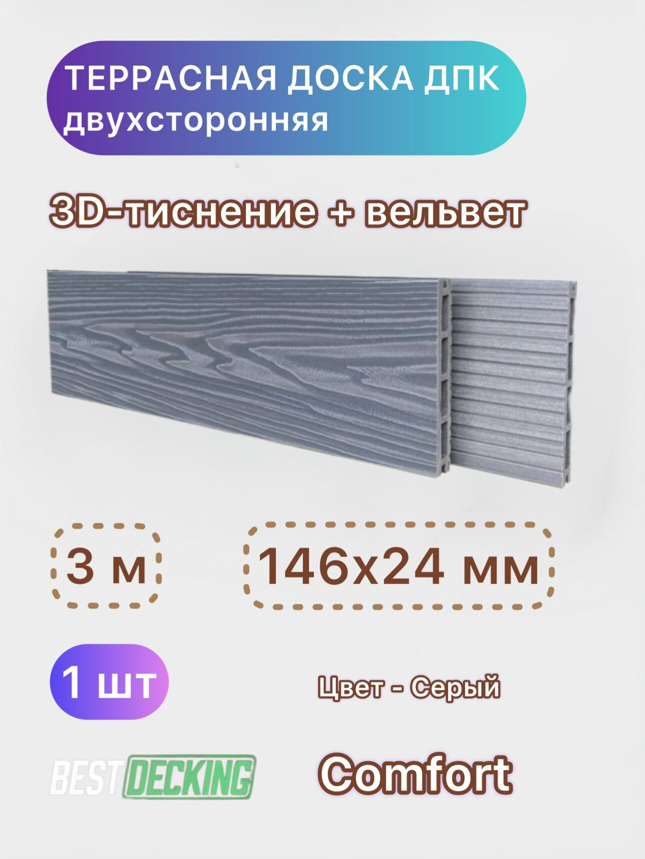 Террасная доска Best Decking Comfort 146*24*3000 мм Серый 3D