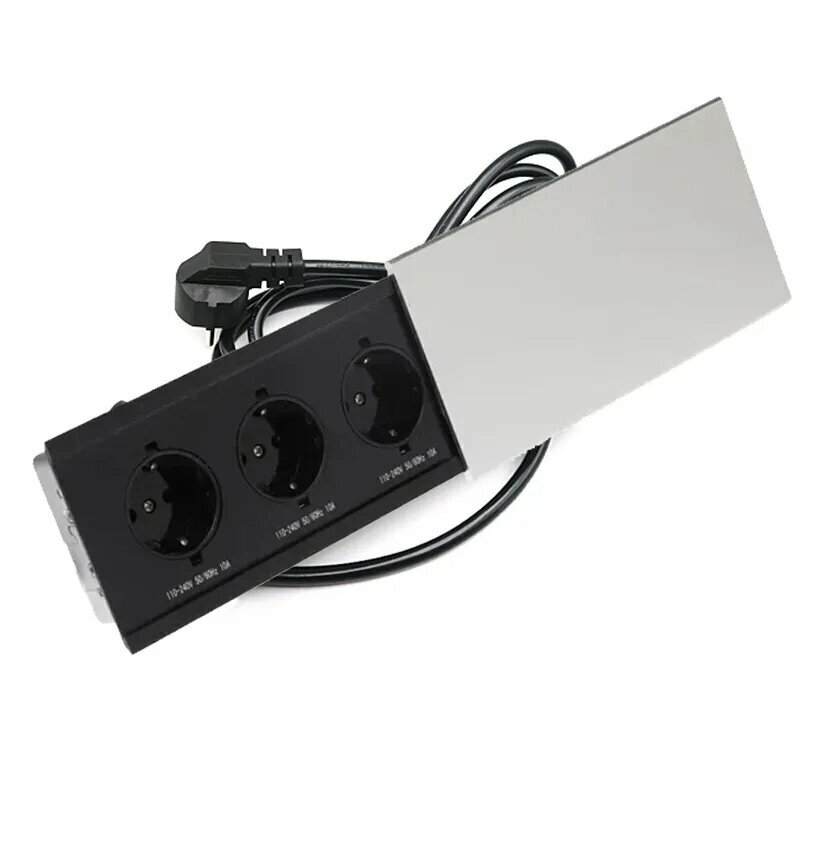 Выдвижная встраиваемая розетка, горизонтальная, GL на 3 розетки, серебристый, сдвижная крышка, с кабелем 1.8 м с вилкой, врезной блок для столешниц, мебели удлинитель для кухни и офиса