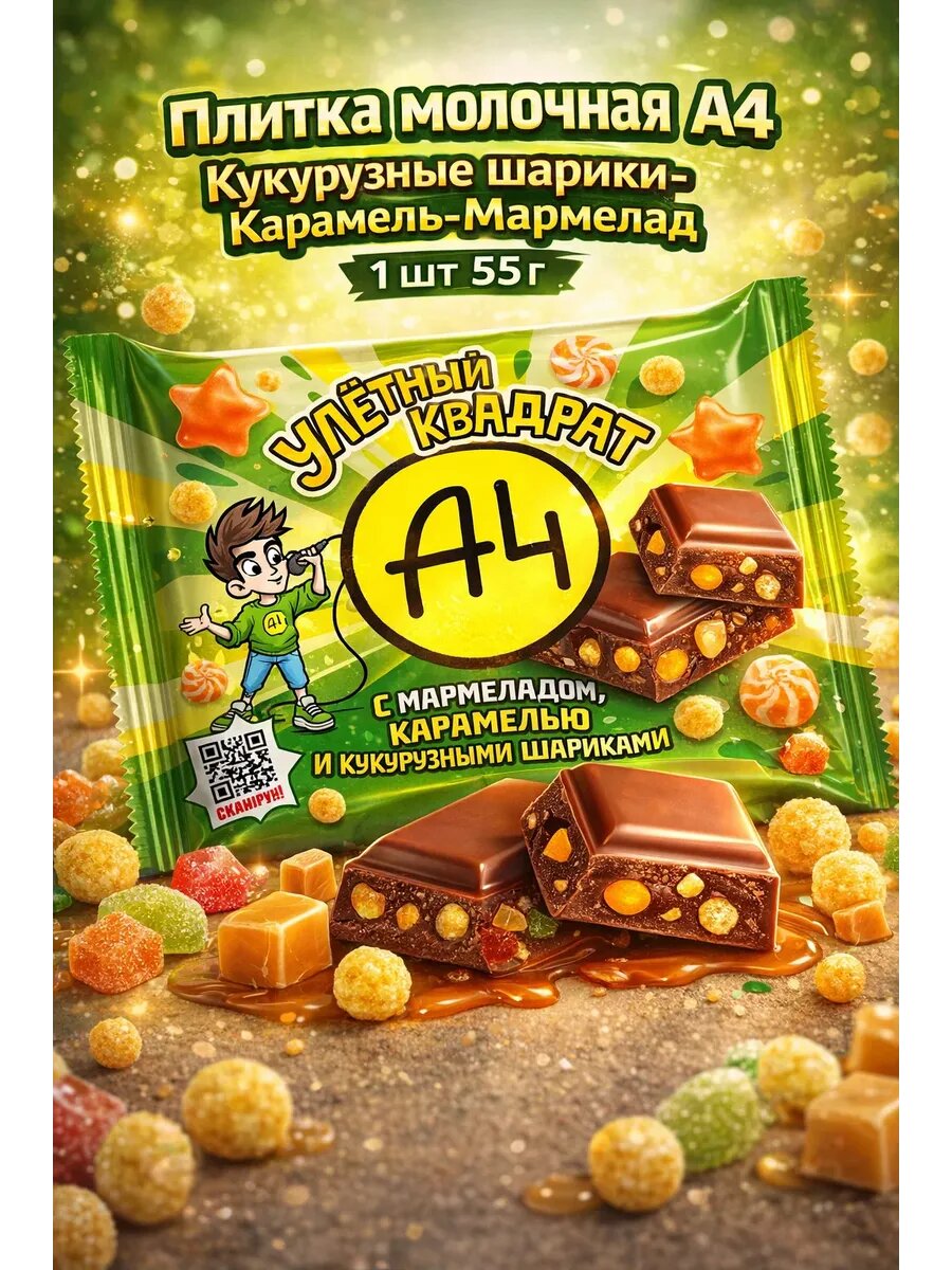 Шоколад 1 шт 55 грамм А4 с мармеладом, карамелью и шариками