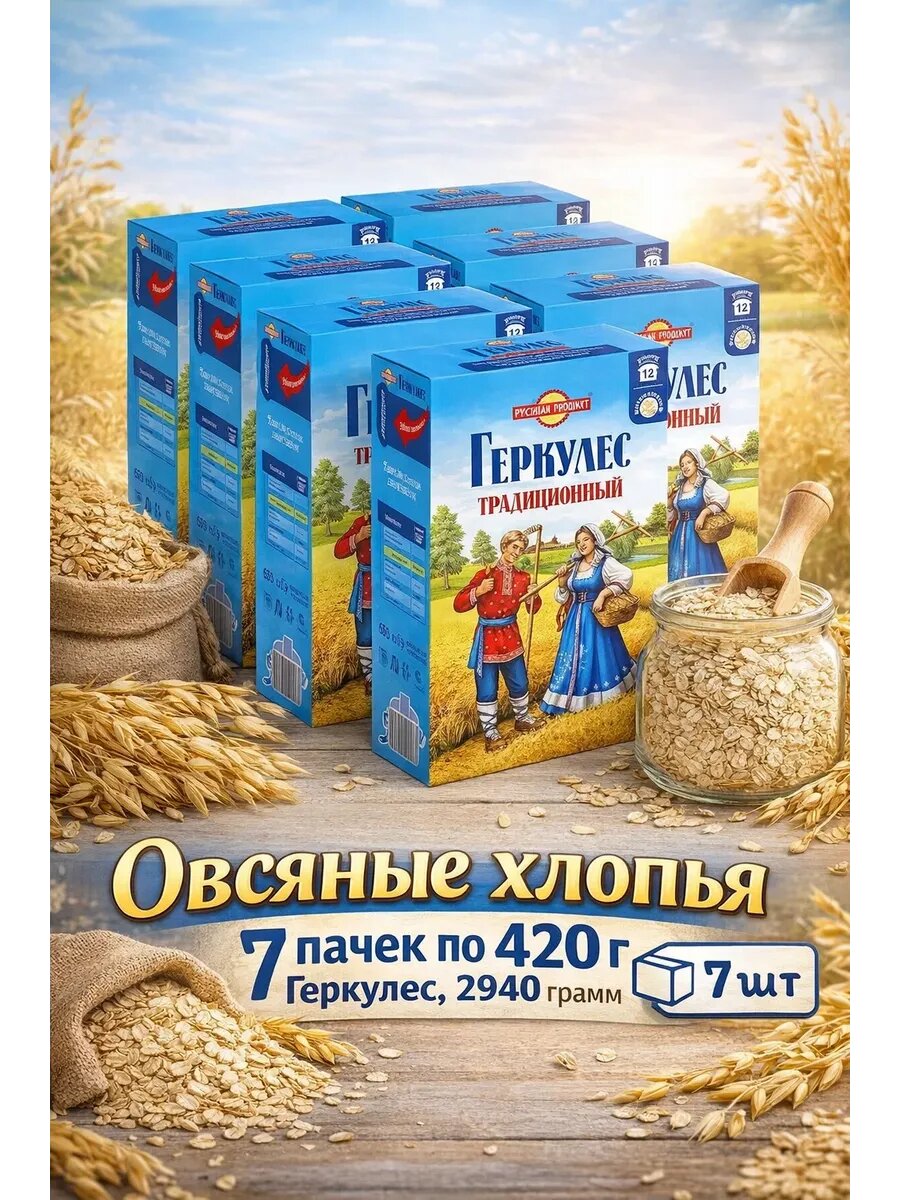 Овсяные хлопья 7 пачек по 420 гр Геркулес, 2940 грамм