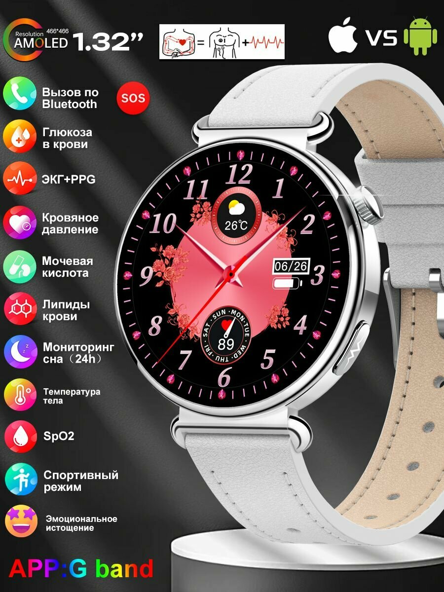 Cмарт часы женские круглые, ЭКГ, сахар в крови, для андроид iphone наручные