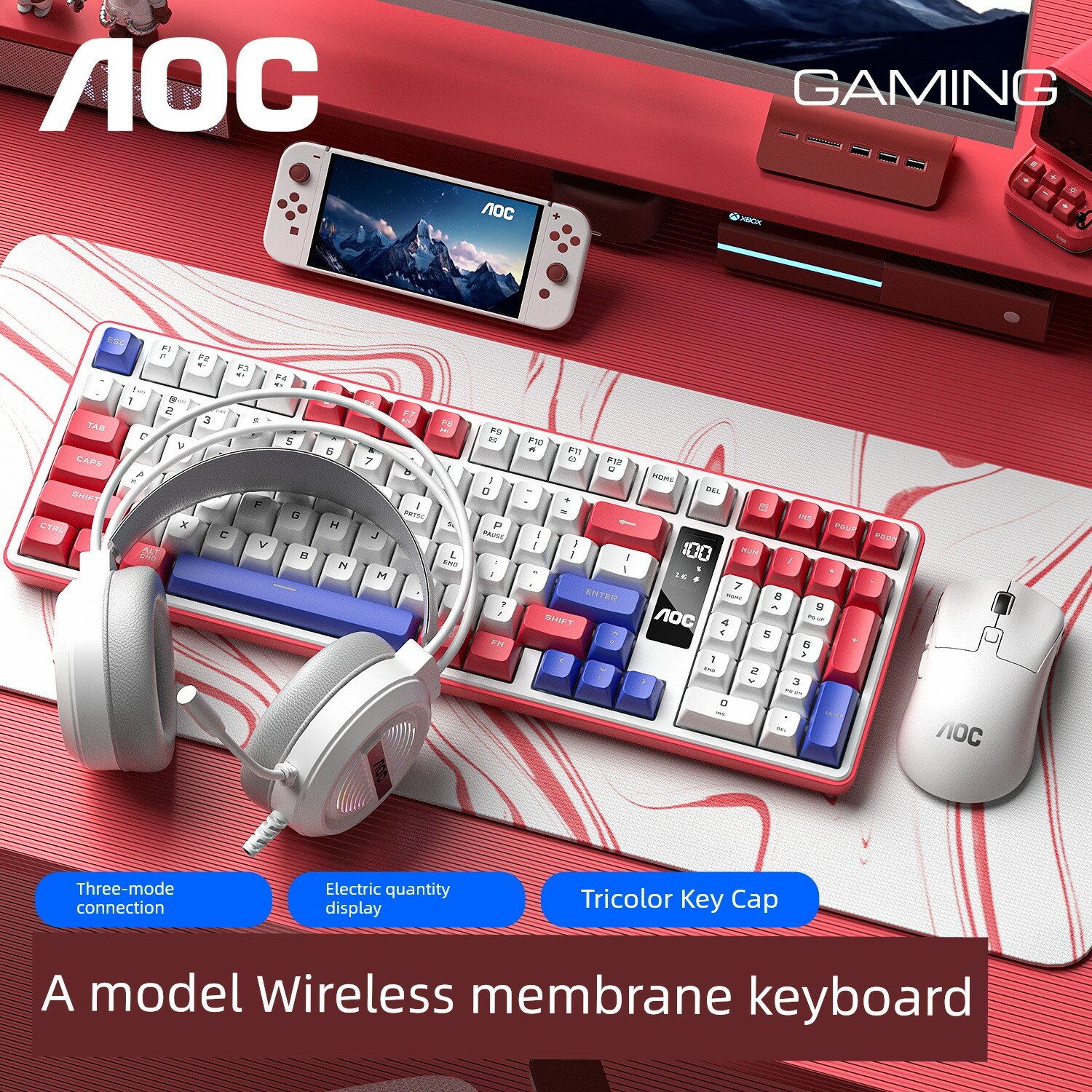 AOC GK300 беспроводная клавиатура и мышь с проводным наушником 98-клавишная, цвет Белый с красным