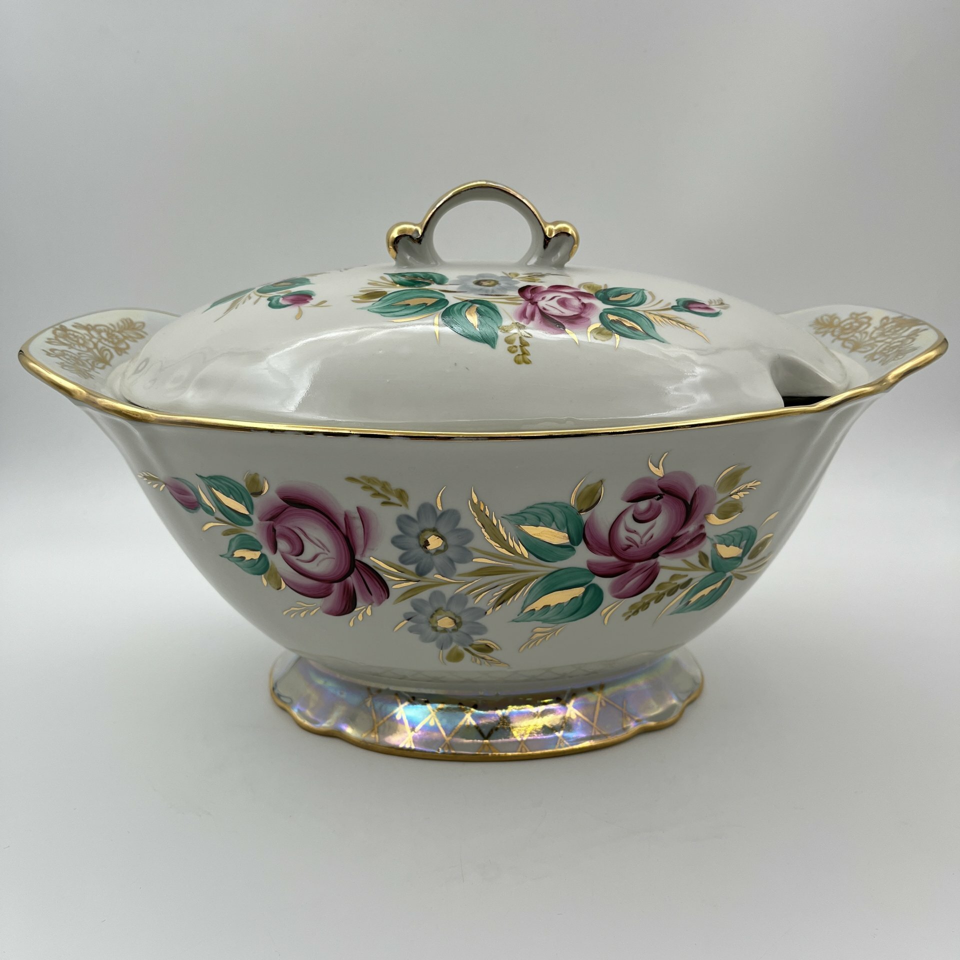 Супница/террина с цветочным декором, фарфор, роспись, люстр, золочение